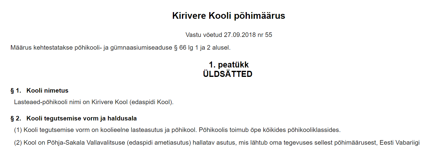 Kirivere Kooli Põhimäärus Kirivere Kool